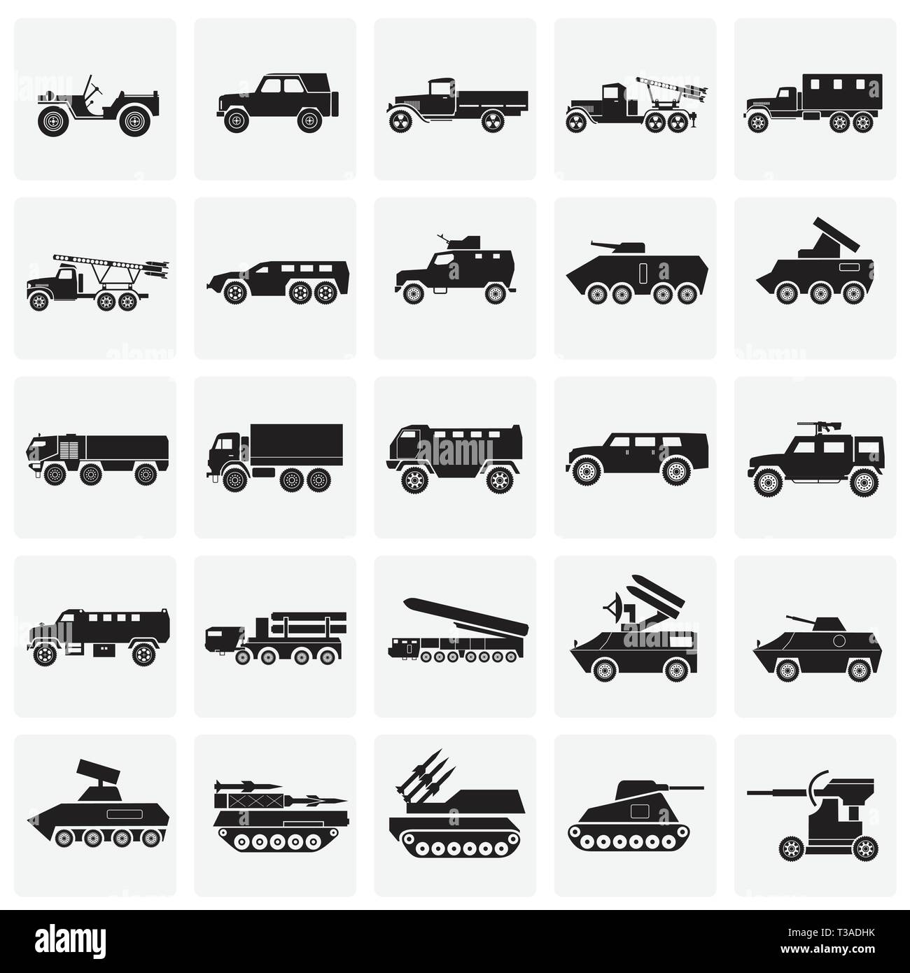 Military vehicles icons set on squares background for graphic and web ...