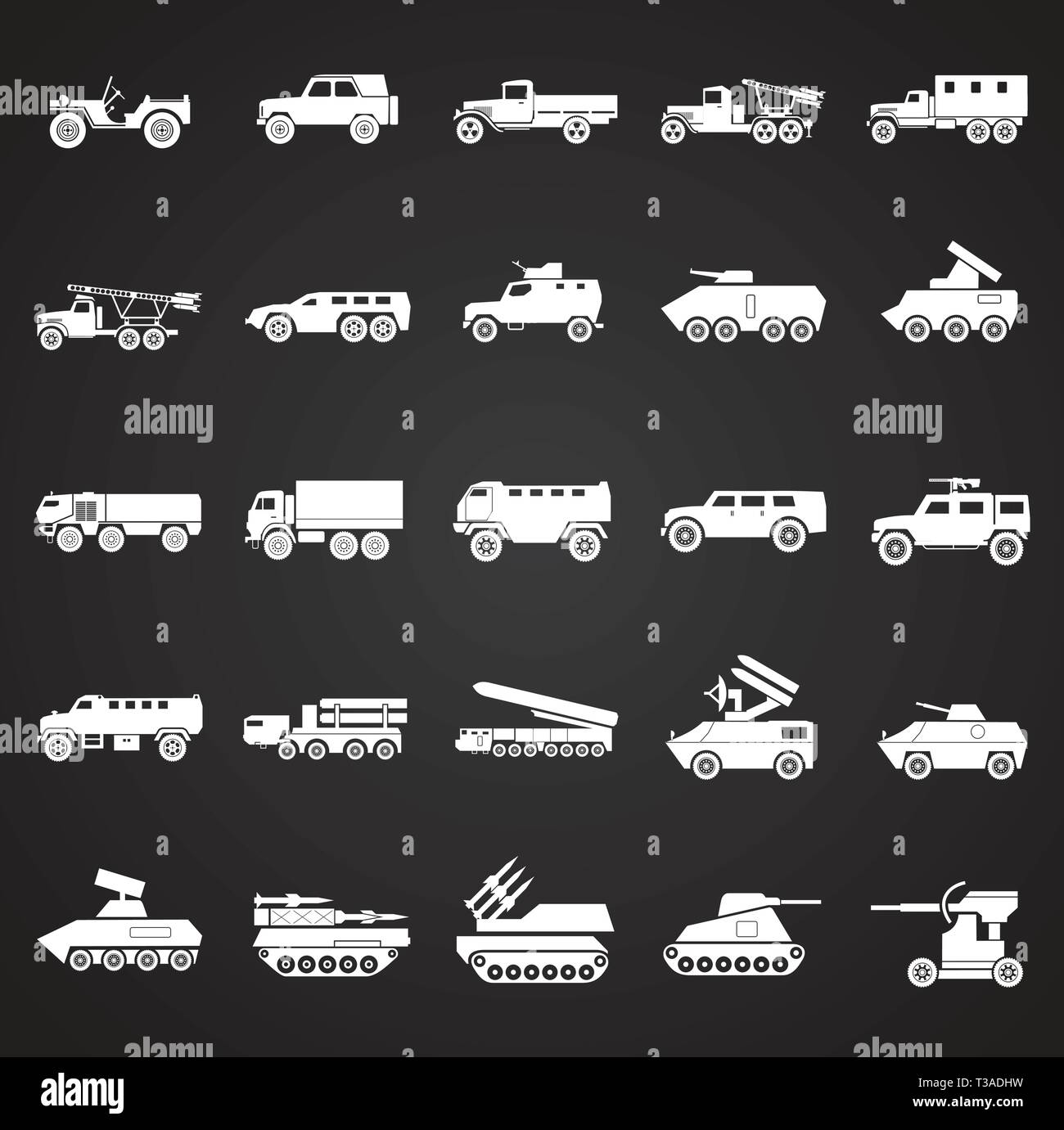 Military vehicles icons set on black background for graphic and web ...