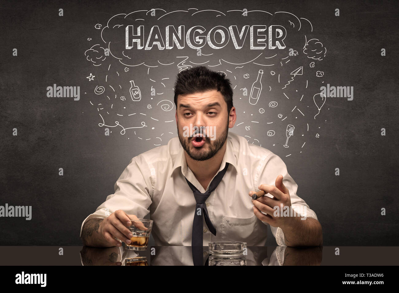 Loser drunk man with drinking, drug, hangover, alcoholic drugs concept ...