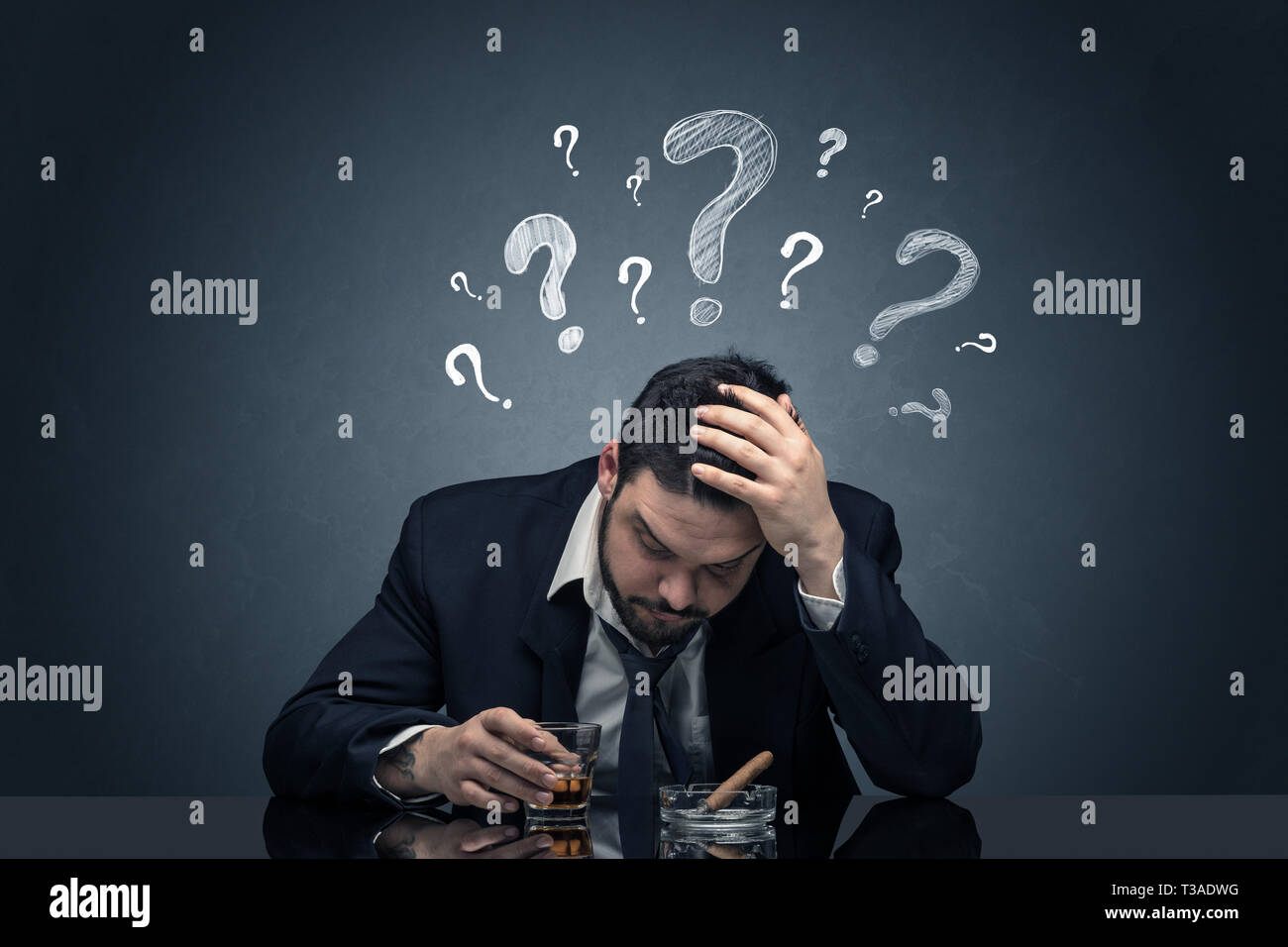 Young drunk disappointed man with question signs concept Stock Photo ... Young drunk disappointed man with question signs concept Stock Photo ...
