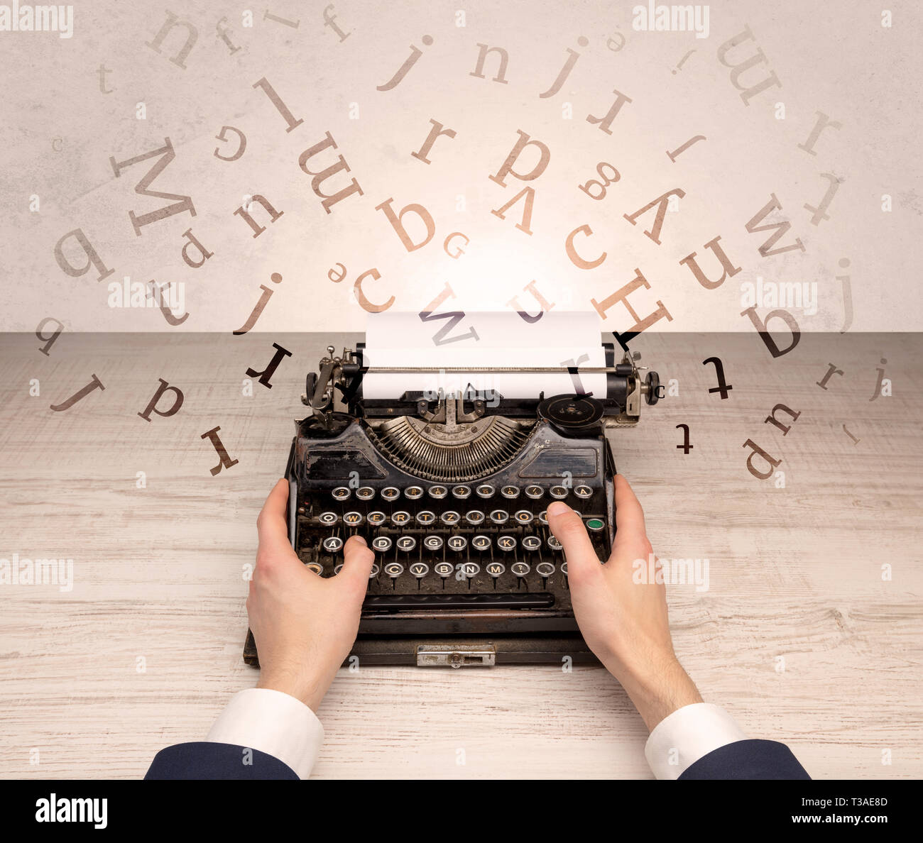 First person perspective elegant hand writing on typewriter with flying ...