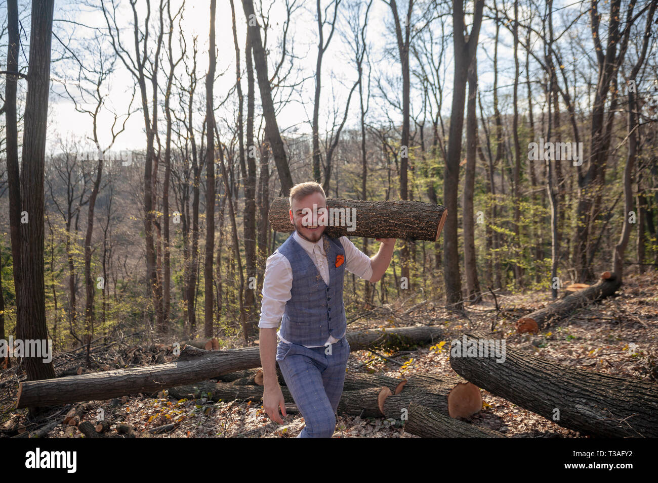 one young smiling man, dressed in suit, carrying wood log on his shoulder Stock Photo - Alamy