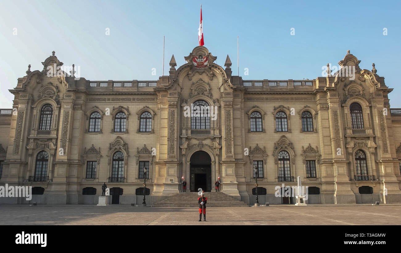 LIMA, PERU- JUNE, 12, 2016: front exterior of government palace in lima ...