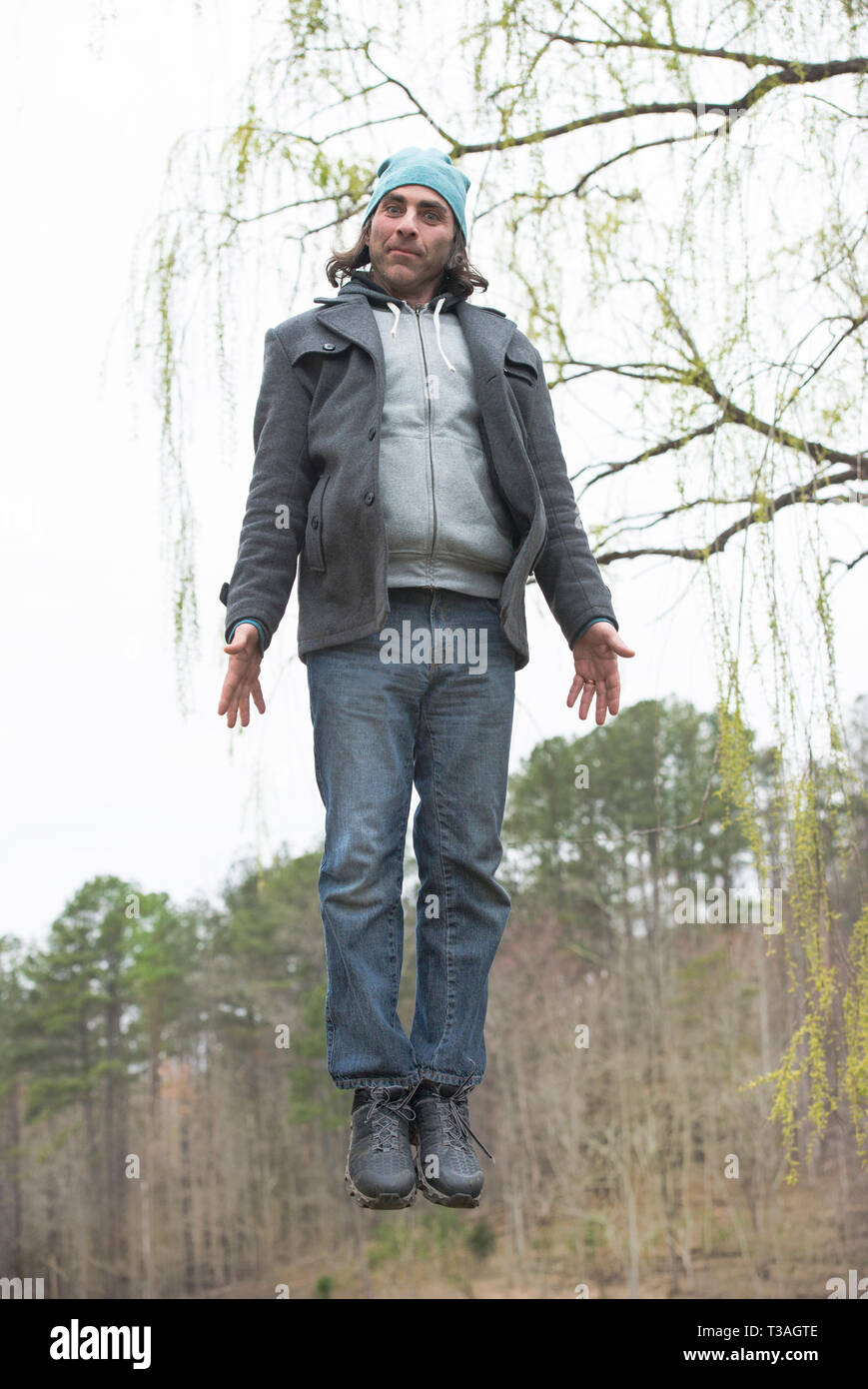 Man floating into trees, a jump calculated to look like a man floating ...