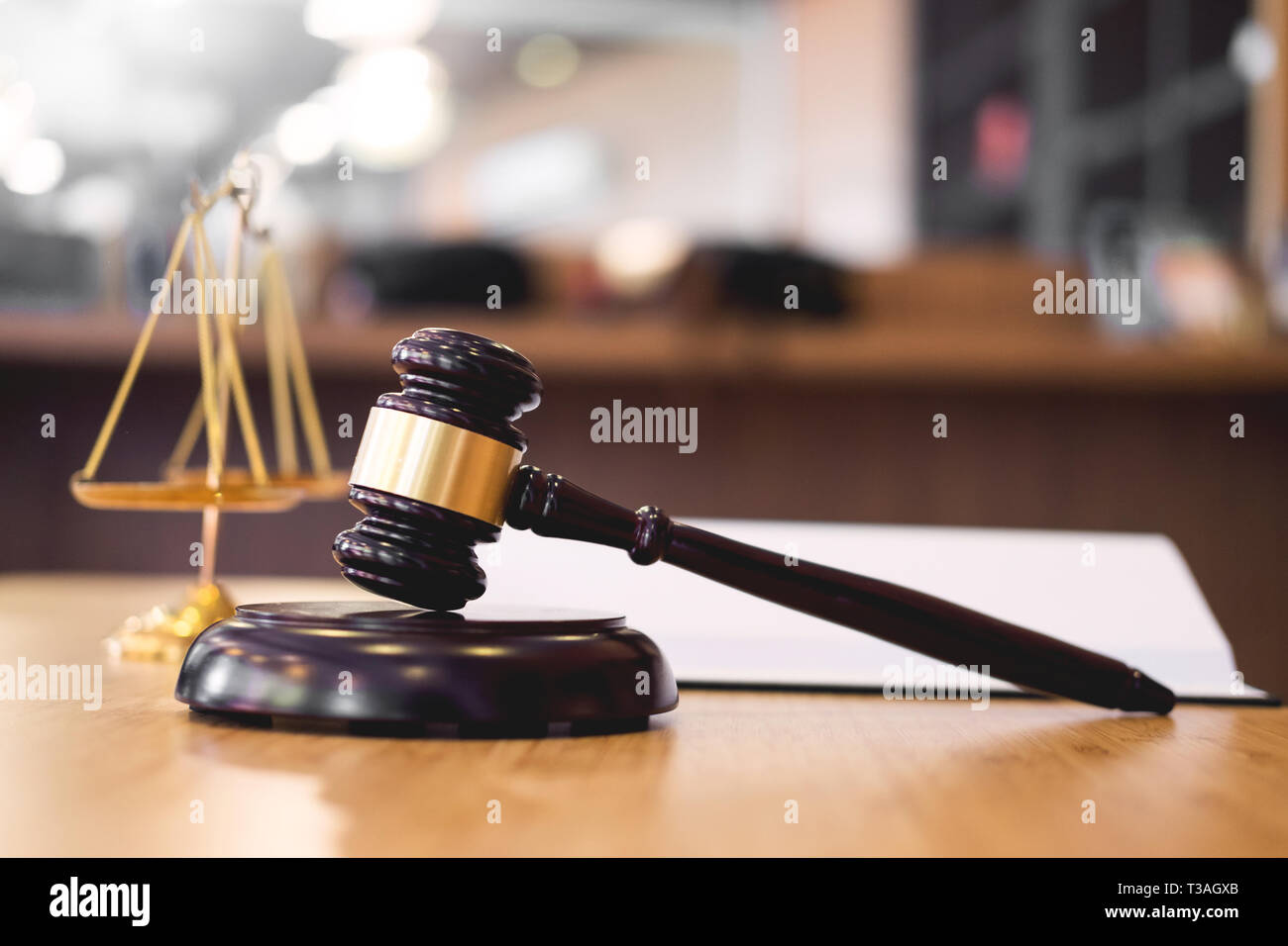 Symbol of Judge law attorney gavel with Justice lawyers table desktop ...