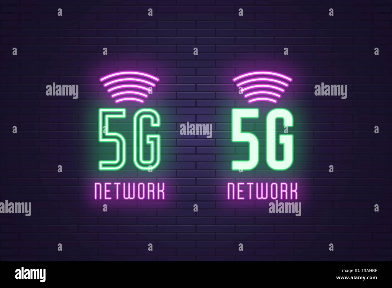 Neon composition set of 5G network mobile technology. Vector ...