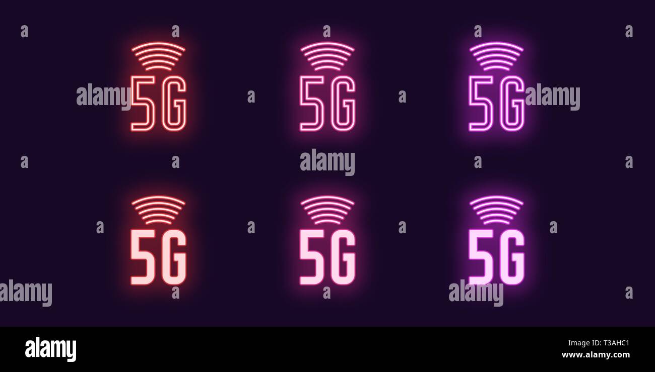 Neon icon set of 5G network mobile technology. Vector illustration of ...