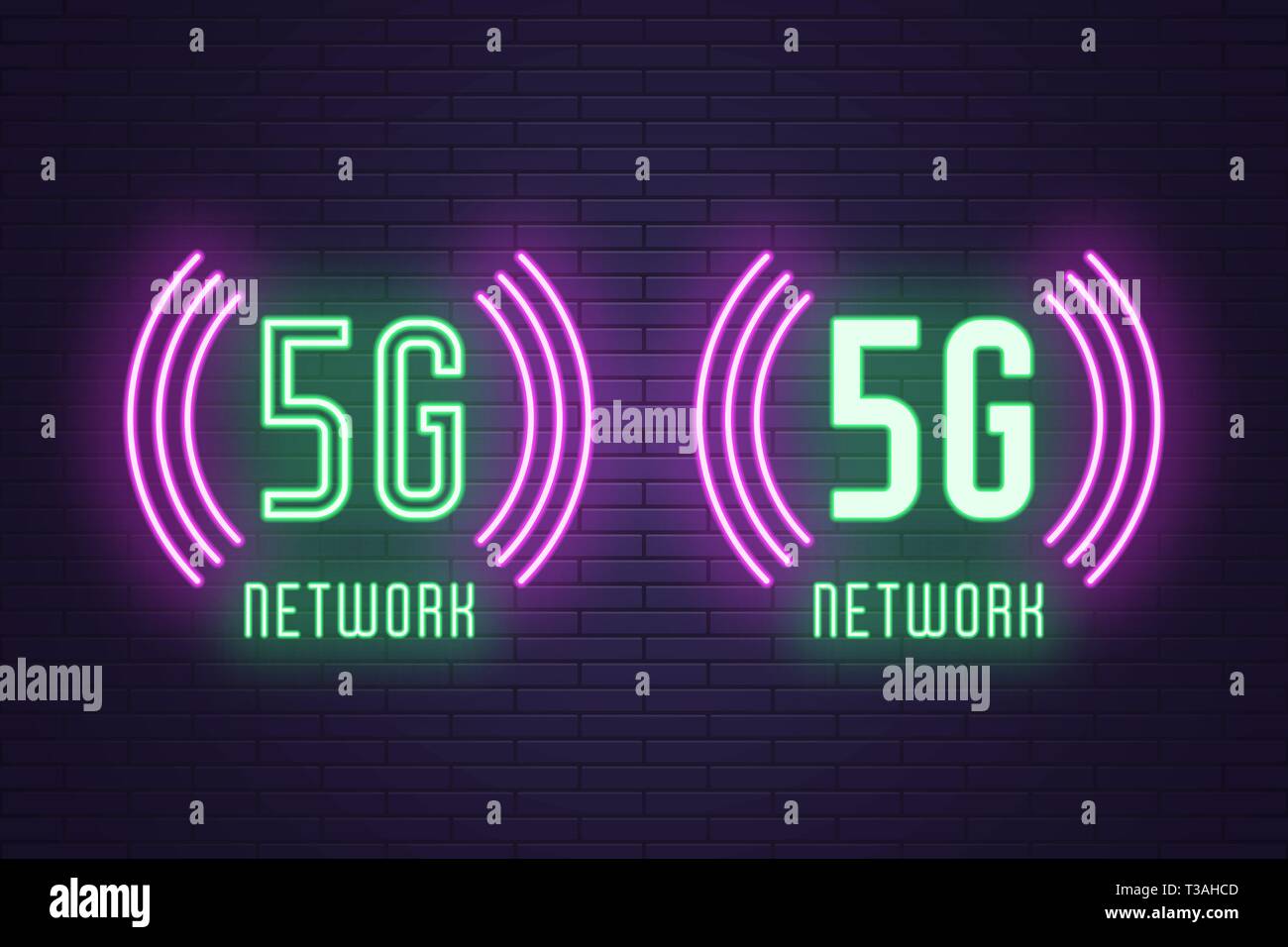 Neon composition set of 5G network mobile technology. Vector ...