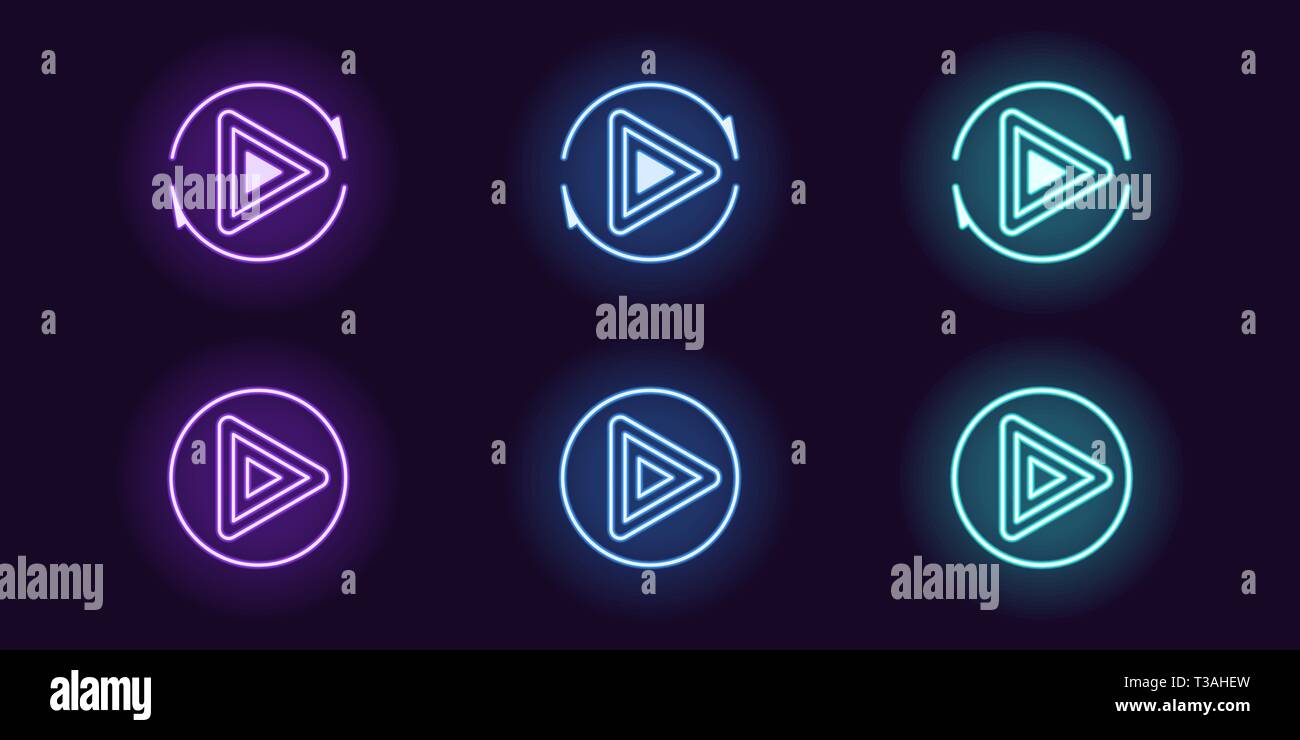 Neon icon set of Play button. Vector illustration of round neon Play ...
