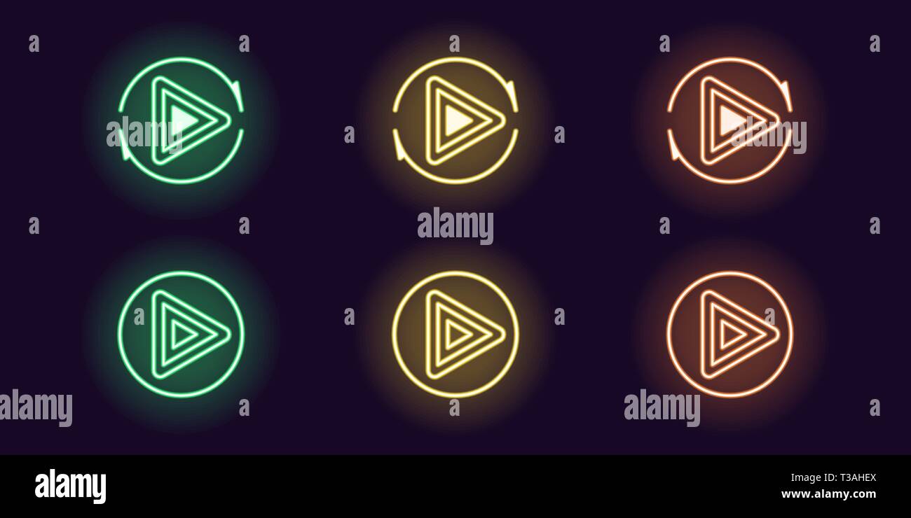 Neon icon set of Play button. Vector illustration of round neon Play ...
