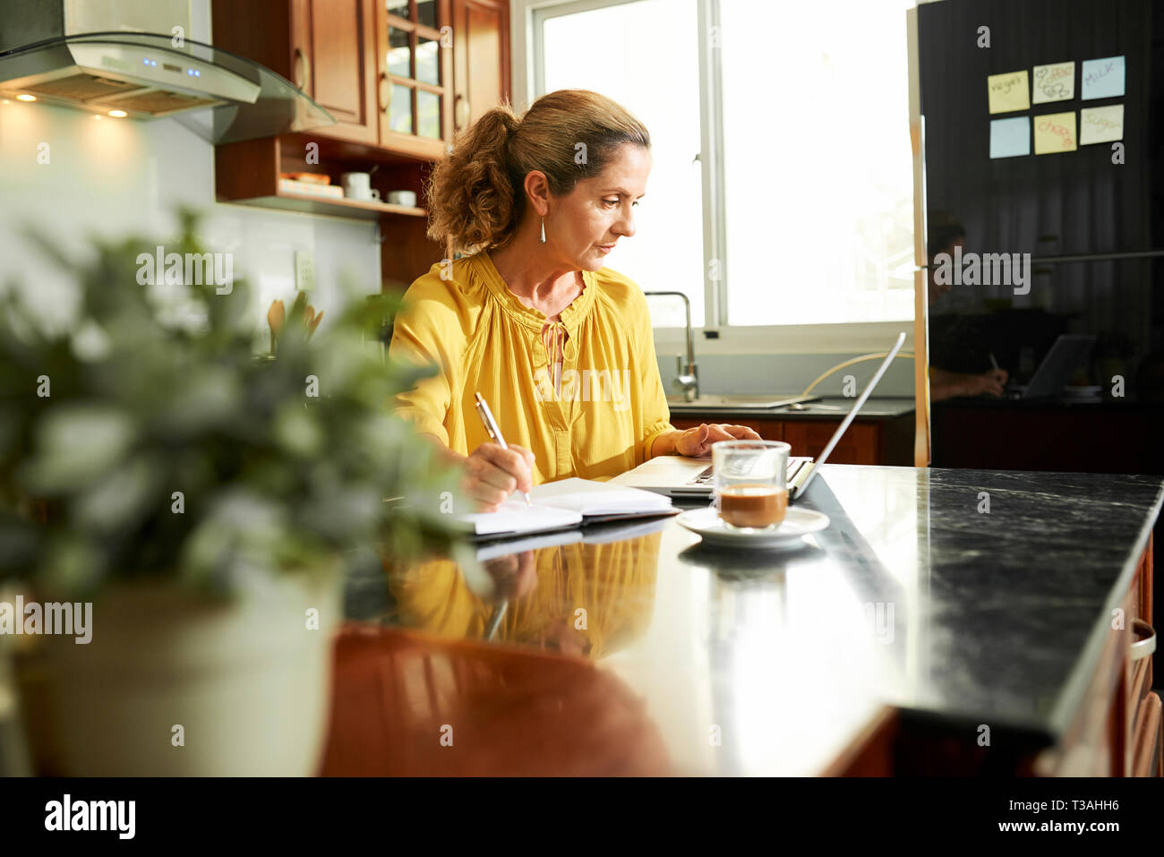 Mature woman working on laptop and taking notes Stock Photo - Alamy