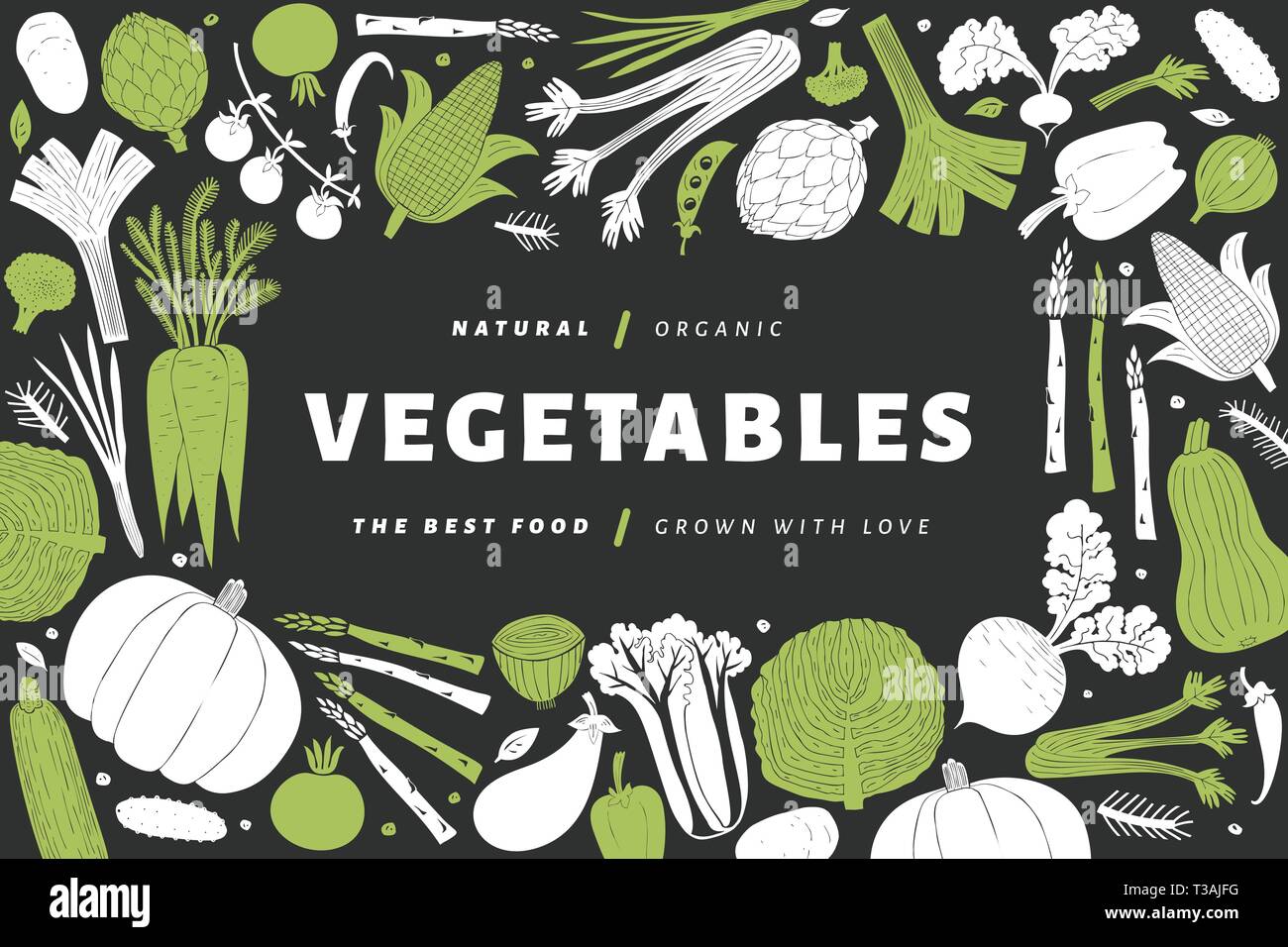 Cartoon hand drawn vegetables design template. Food background. Linocut ...