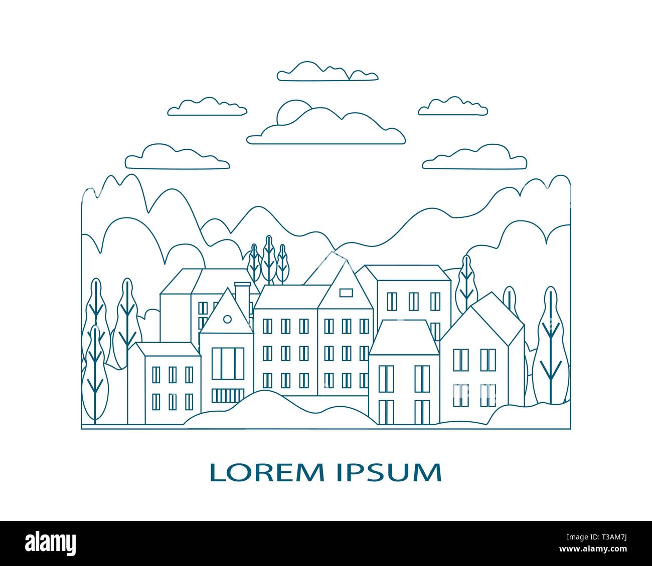 Thin line outline landscape rural farm. Symbol design village outdoor ...