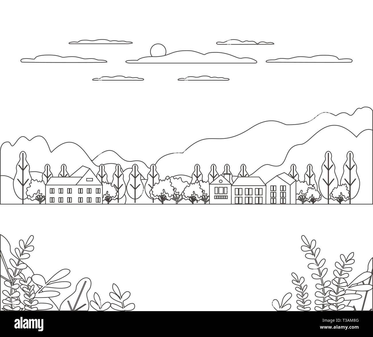 Thin line outline landscape rural farm. Panorama outdoor design village ...
