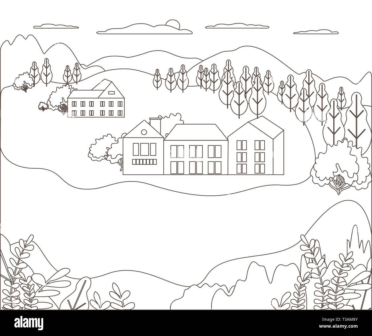 Thin line outline landscape rural farm. Panorama outdoor design village ...