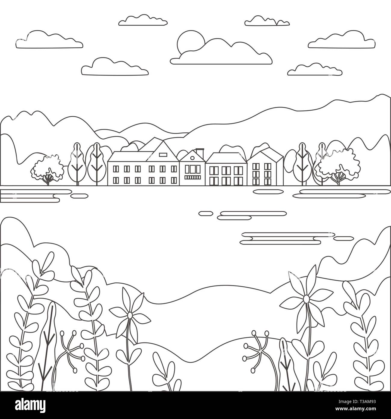 Thin line outline landscape rural farm. Panorama outdoor design village ...