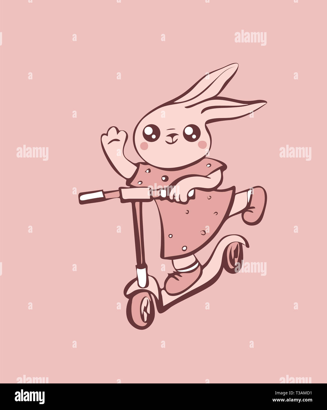 Cute cartoon rabbit in dress on scooter illustration Stock Photo - Alamy