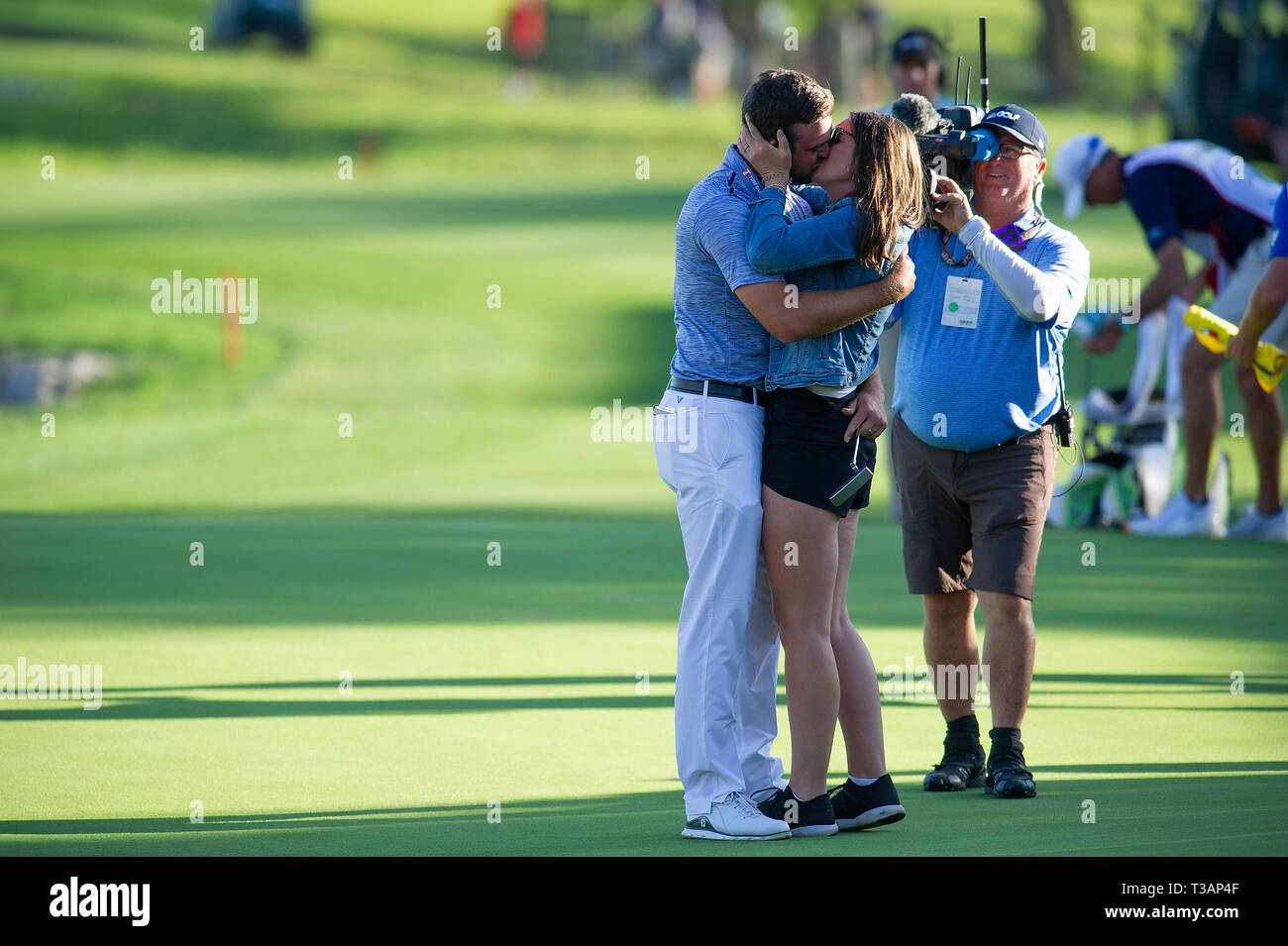 San Antonio, Texas, USA. April 07, 2019: Corey Conners celebrates his ...