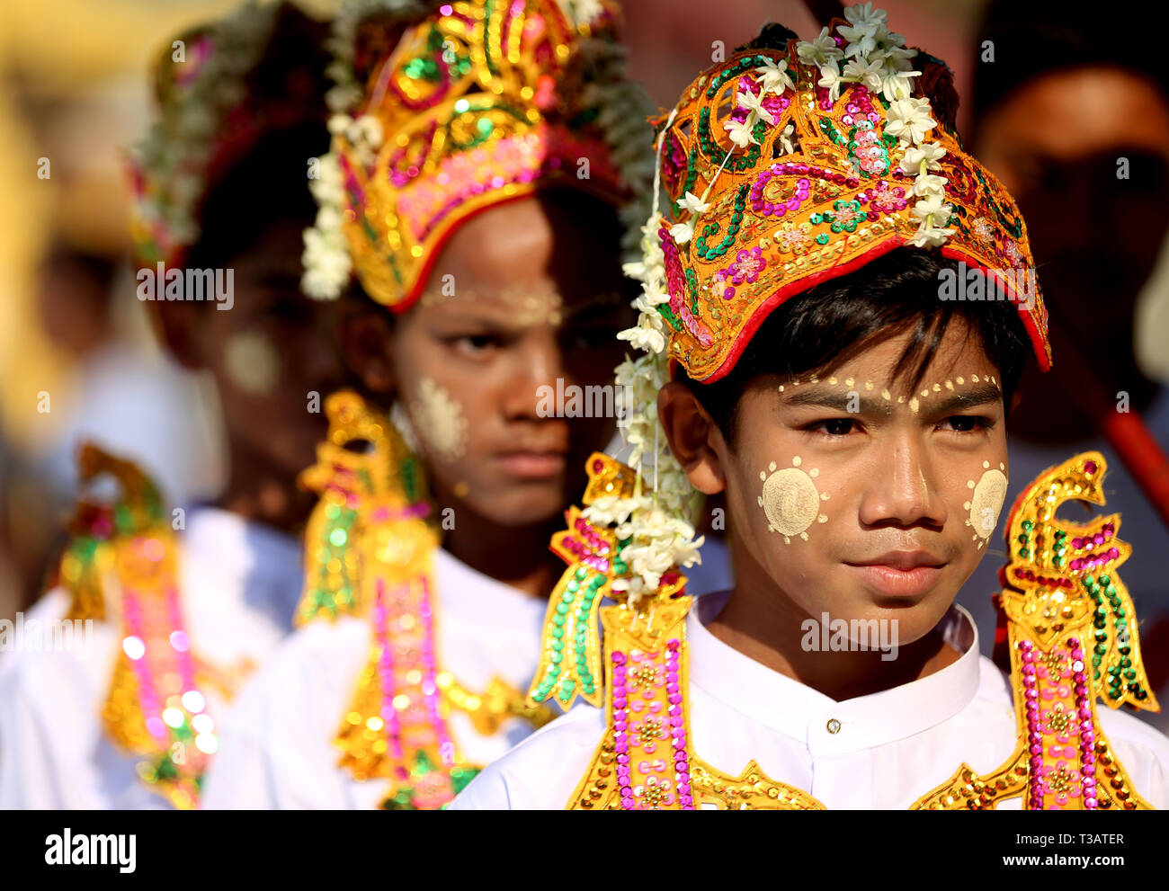 Beijing, Myanmar. 7th Apr, 2019. Young boys in traditional attires ...