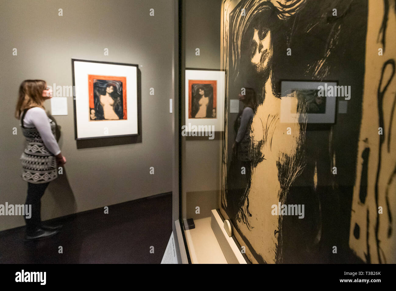 London, UK. 8th Apr 2019. The printing block and one of the prints ...