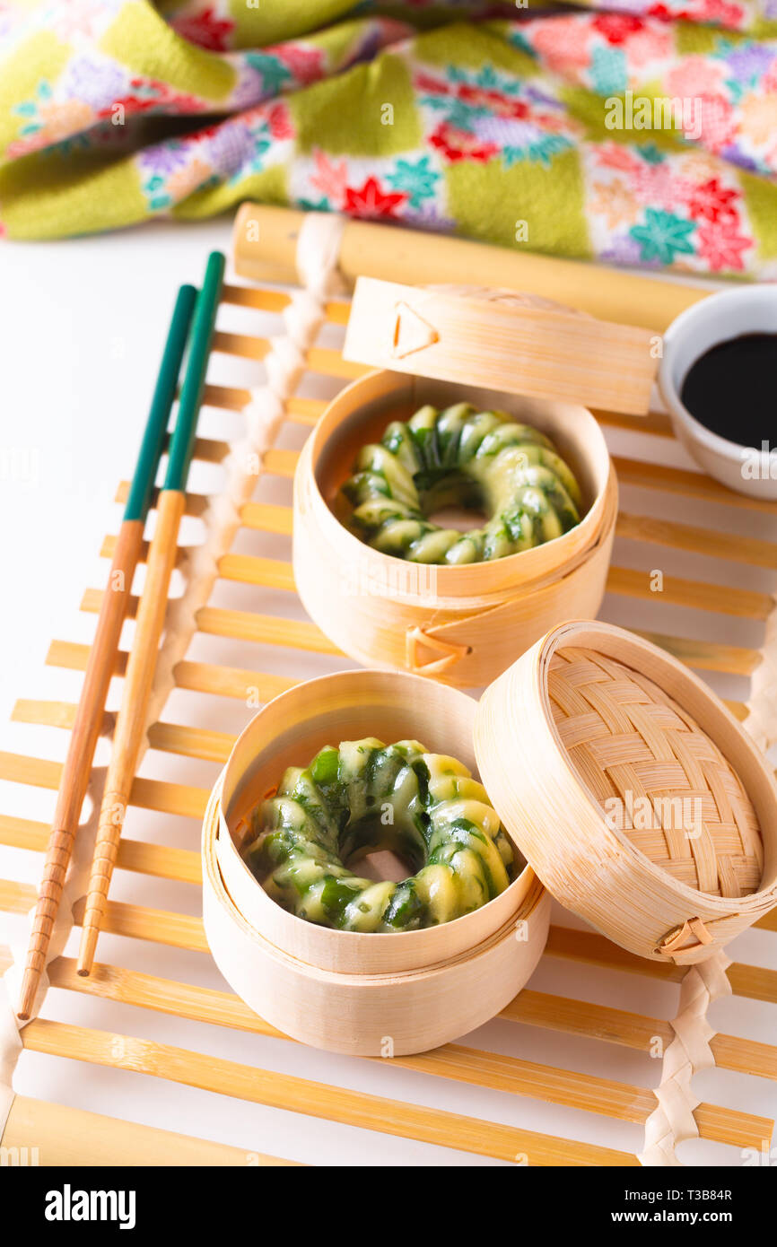 Asian Food concept homemade Dim Sum steamed garlic chives dumplings in ...