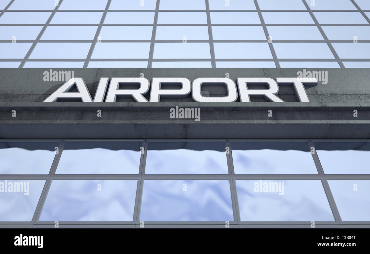 Signage above the entrance to a modern generic airport building made of ...
