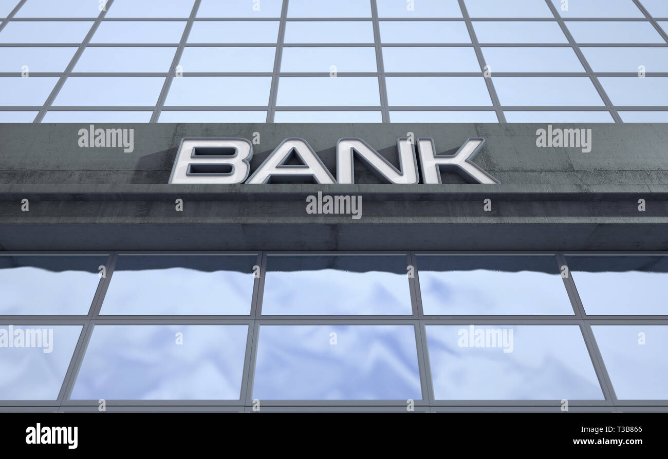 Signage above the entrance to a modern generic bank building made of ...