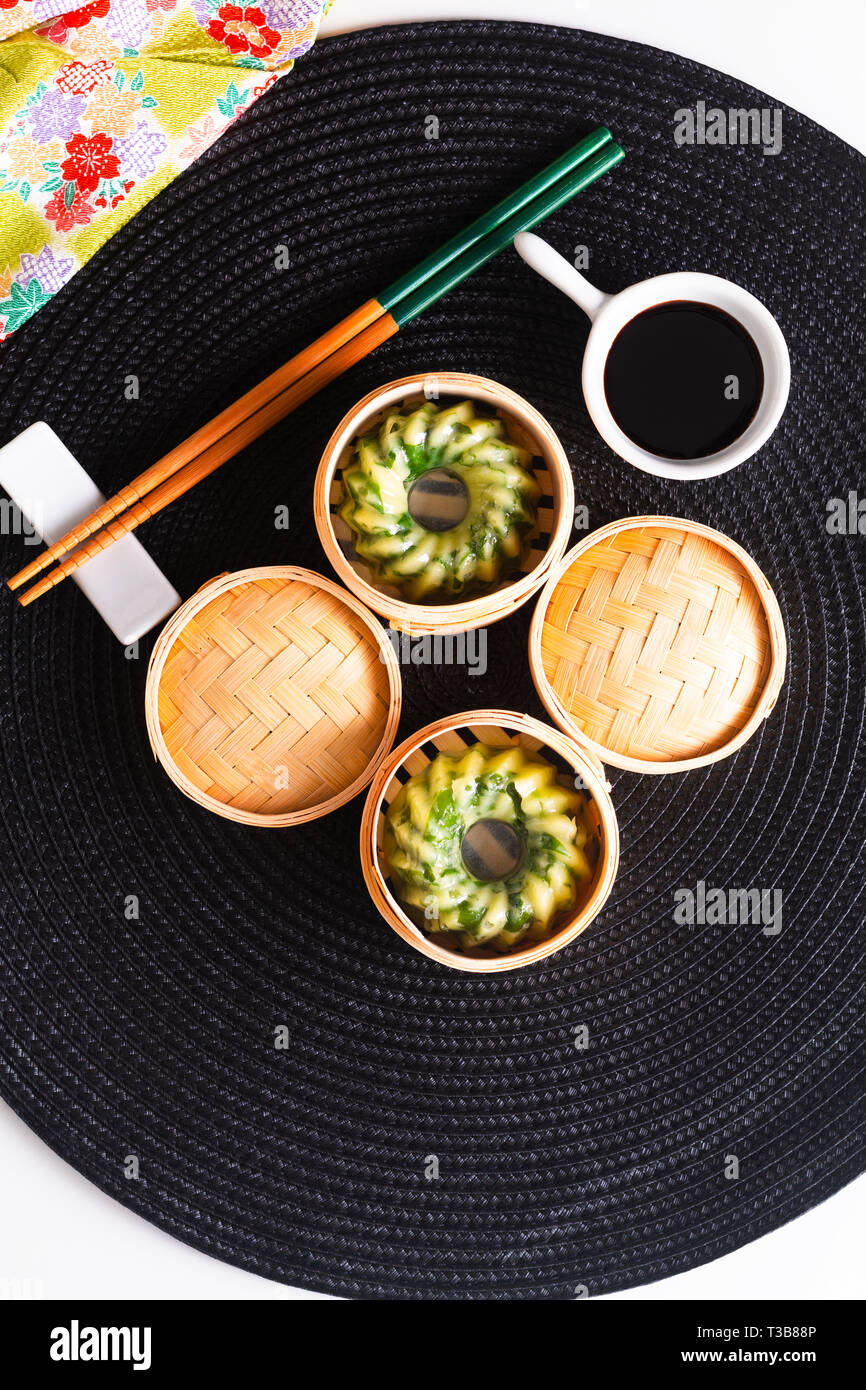 Asian Food concept homemade Dim Sum steamed garlic chives dumplings in ...