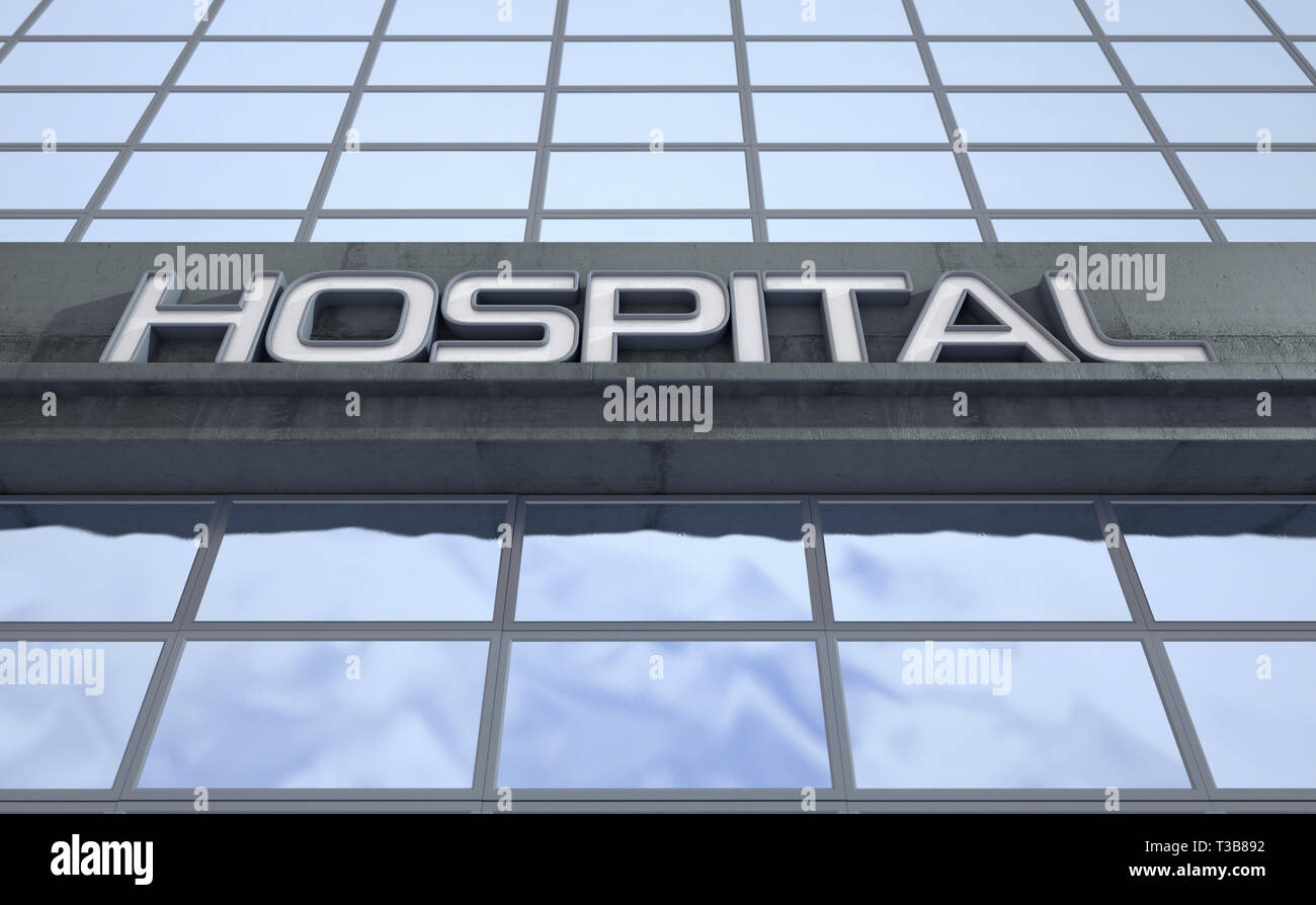 Signage above the entrance to a modern generic hospital building made ...