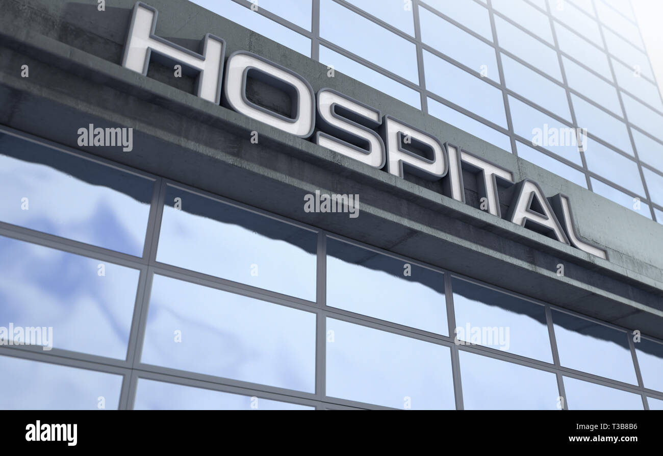 Signage above the entrance to a modern generic hospital building made ...