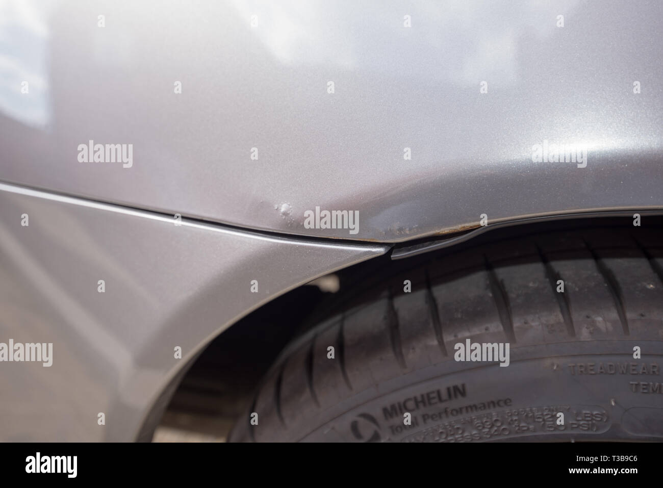 Car crash / Vehicle crash; close up damage and details of automobile ...