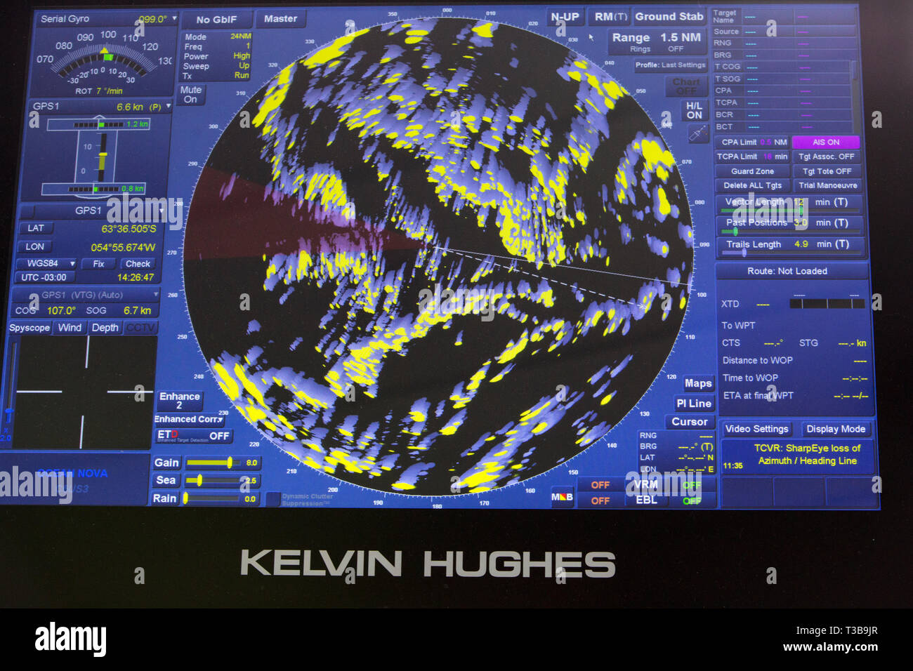 A radar on an Antarctic cruise ship ashowing heavy sea ice and icebergs ...