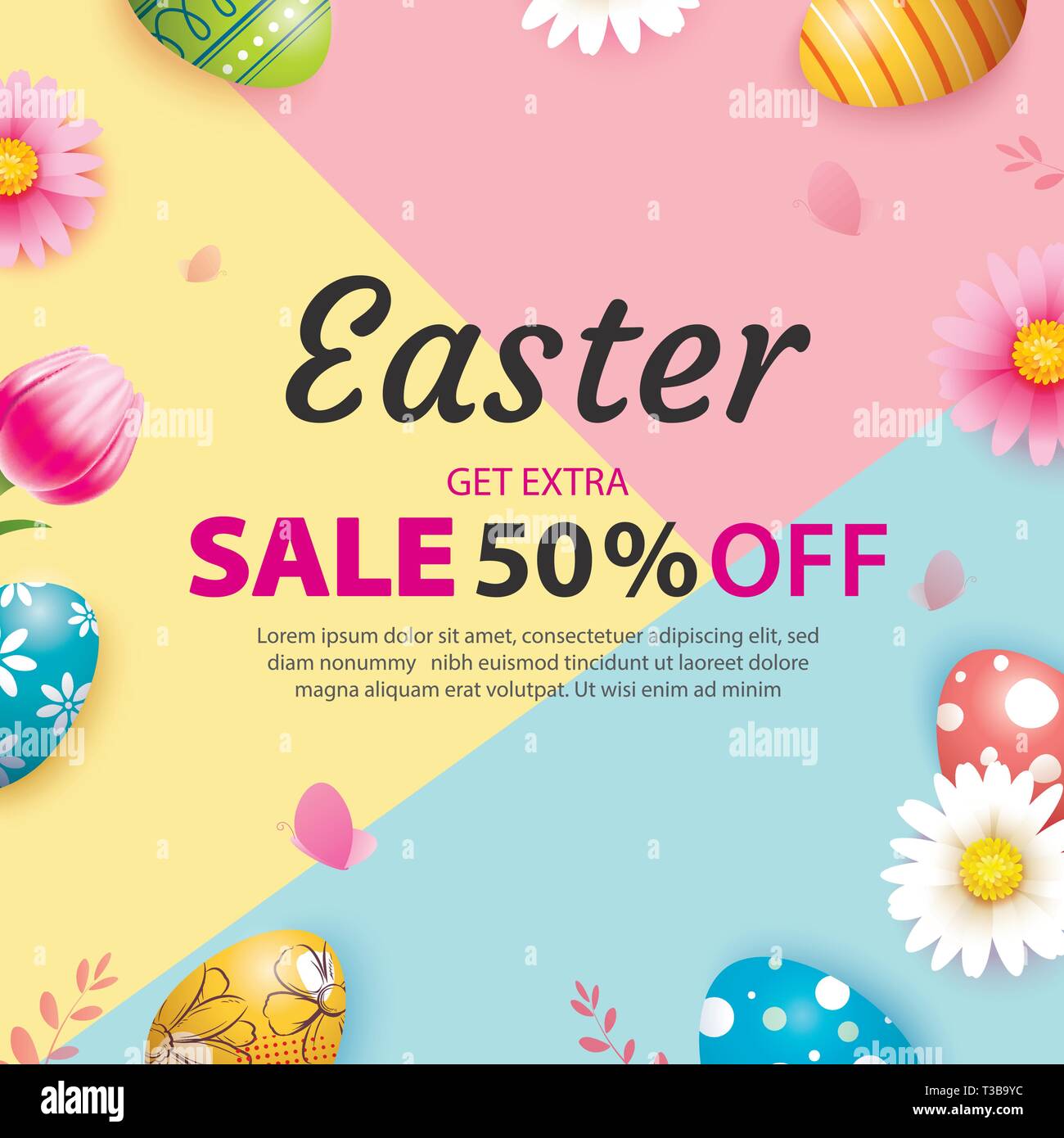 Easter sale banner design template with colorful eggs and flowers. Use ...