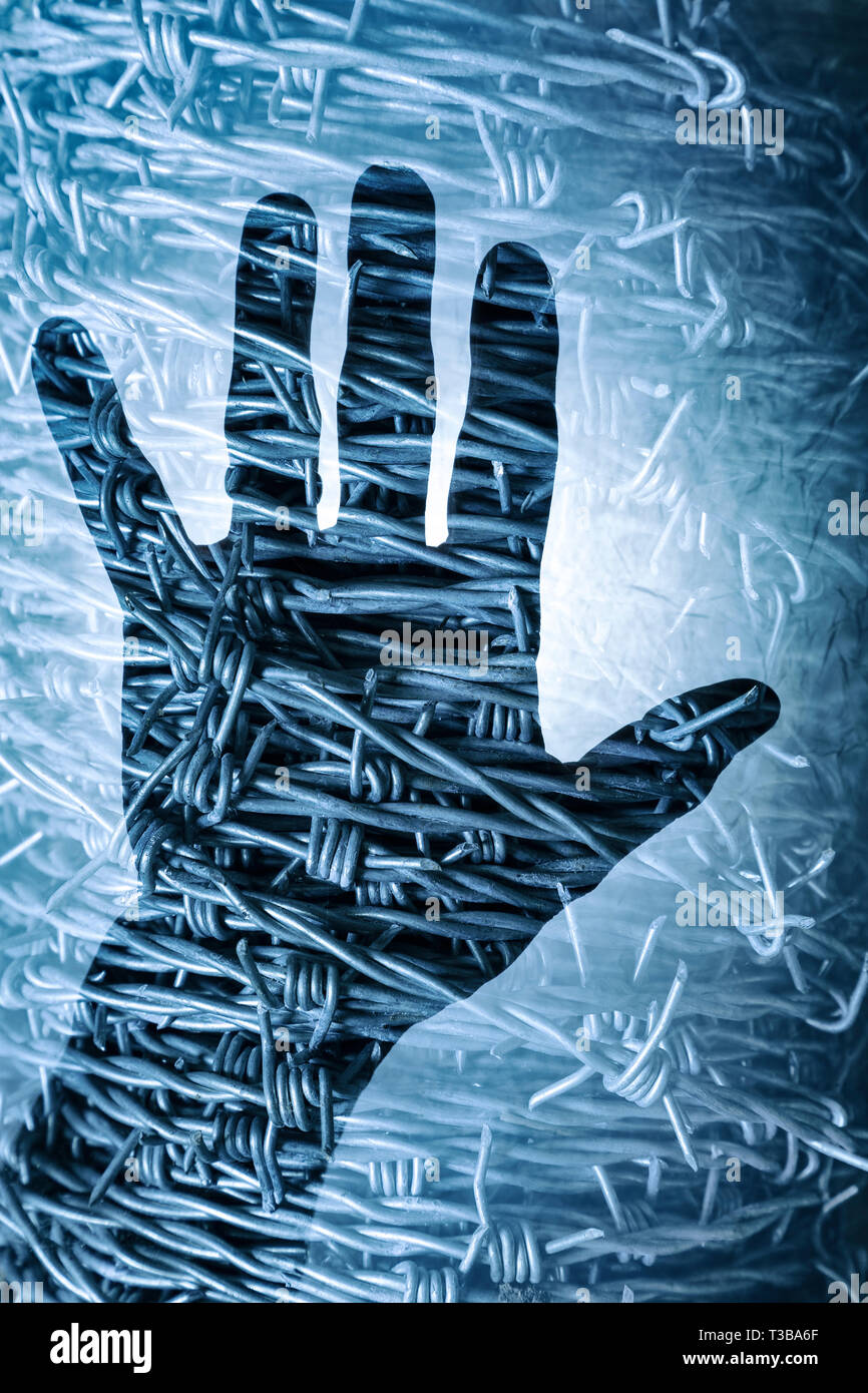 Open hand and barbed wire multiple exposure Stock Photo - Alamy