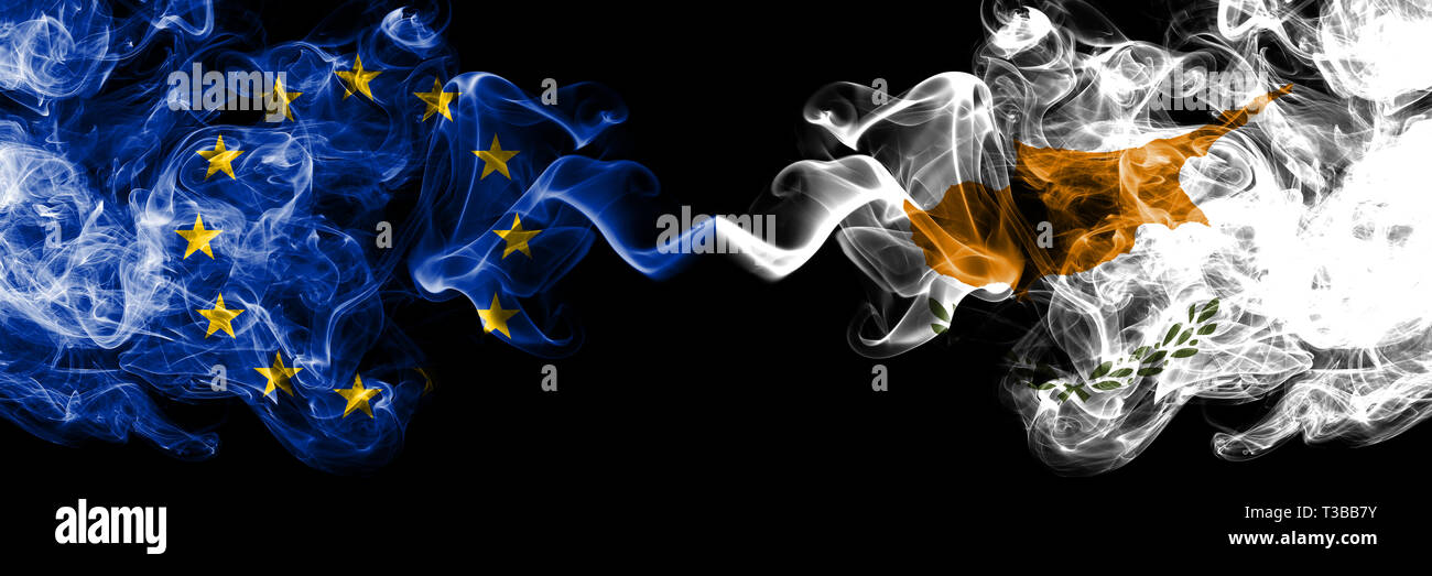 European Union vs Cyprus, Cyprian smoke flags placed side by side ...