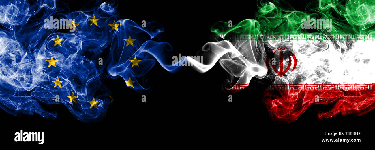 European Union vs Iran, Iranian smoke flags placed side by side. Thick ...
