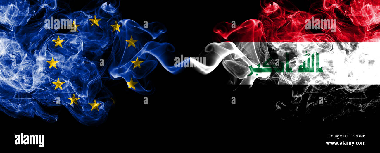 European Union vs Iraq, Iraqi smoke flags placed side by side. Thick ...