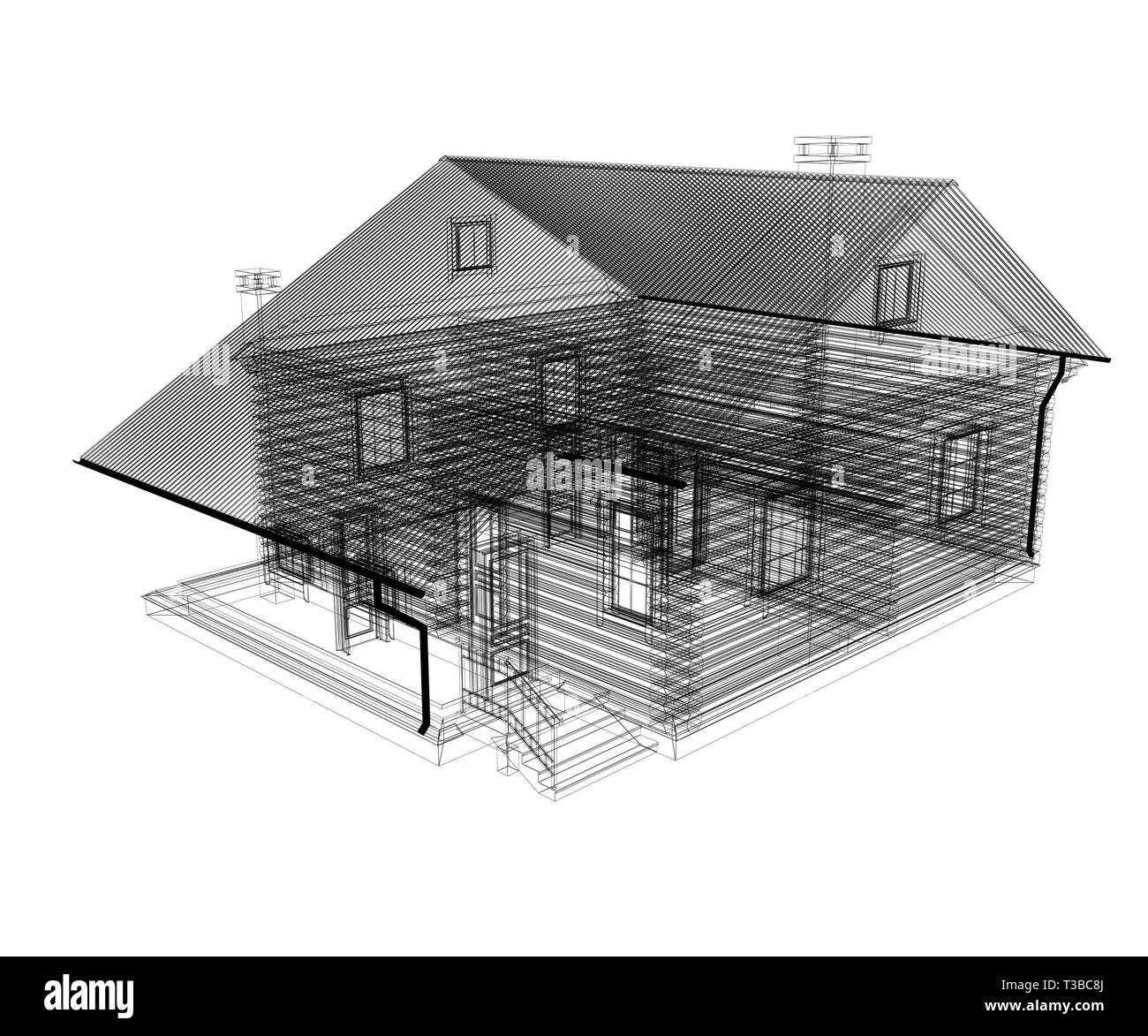 line drawing of house. Top view. 3d illustration Stock Photo - Alamy
