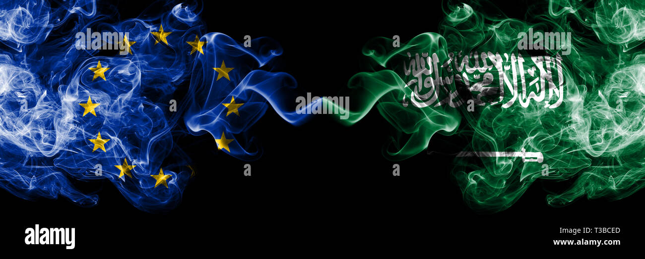 European Union vs Saudi Arabia, Arabian smoke flags placed side by side ...