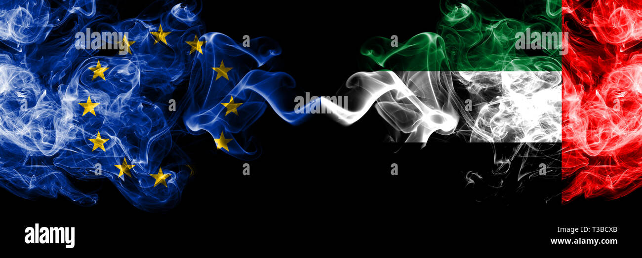 European Union vs United Arab Emirates, Emirati smoke flags placed side ...