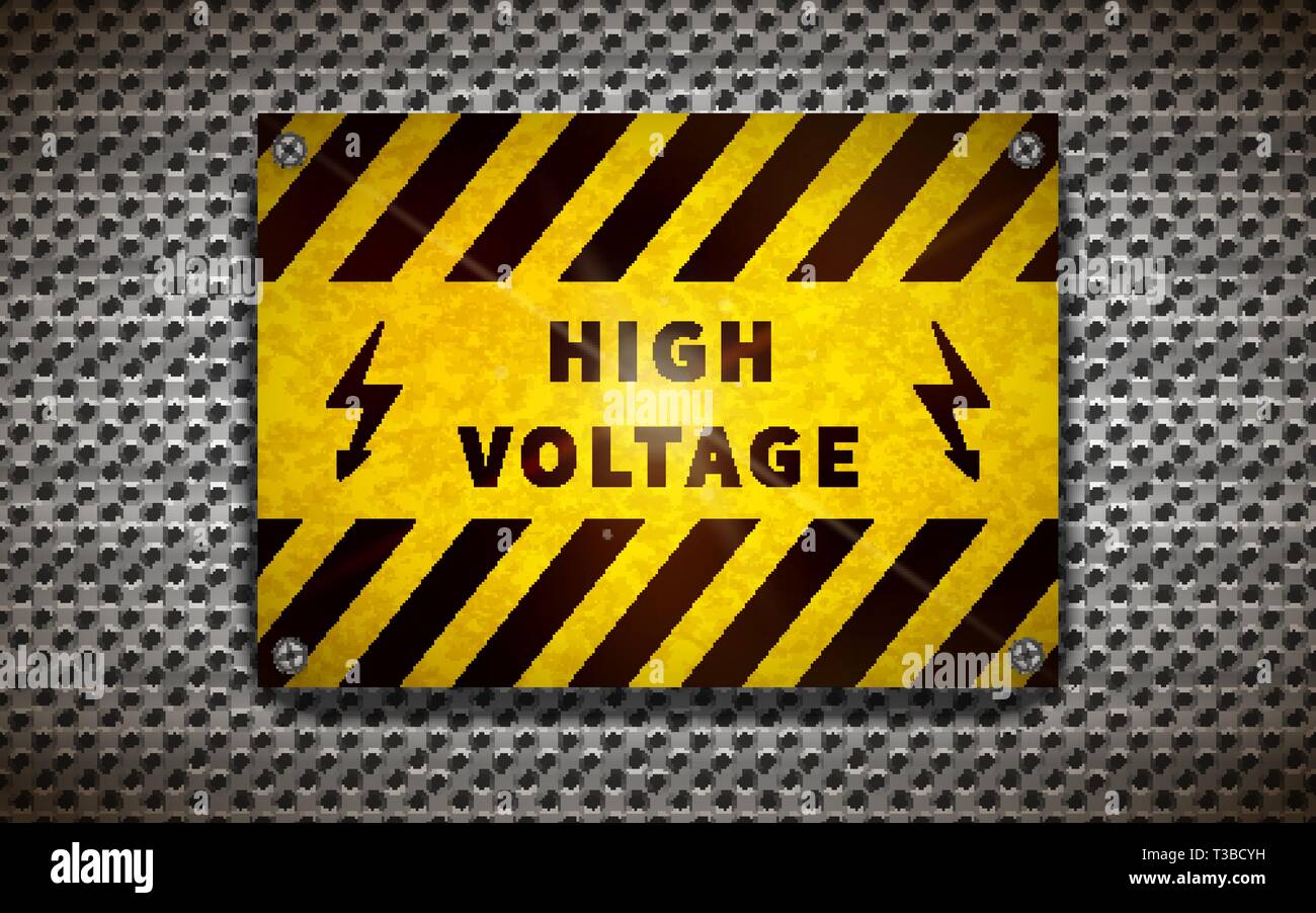 Bright yellow high voltage sign on metallic grid, industrial background ...