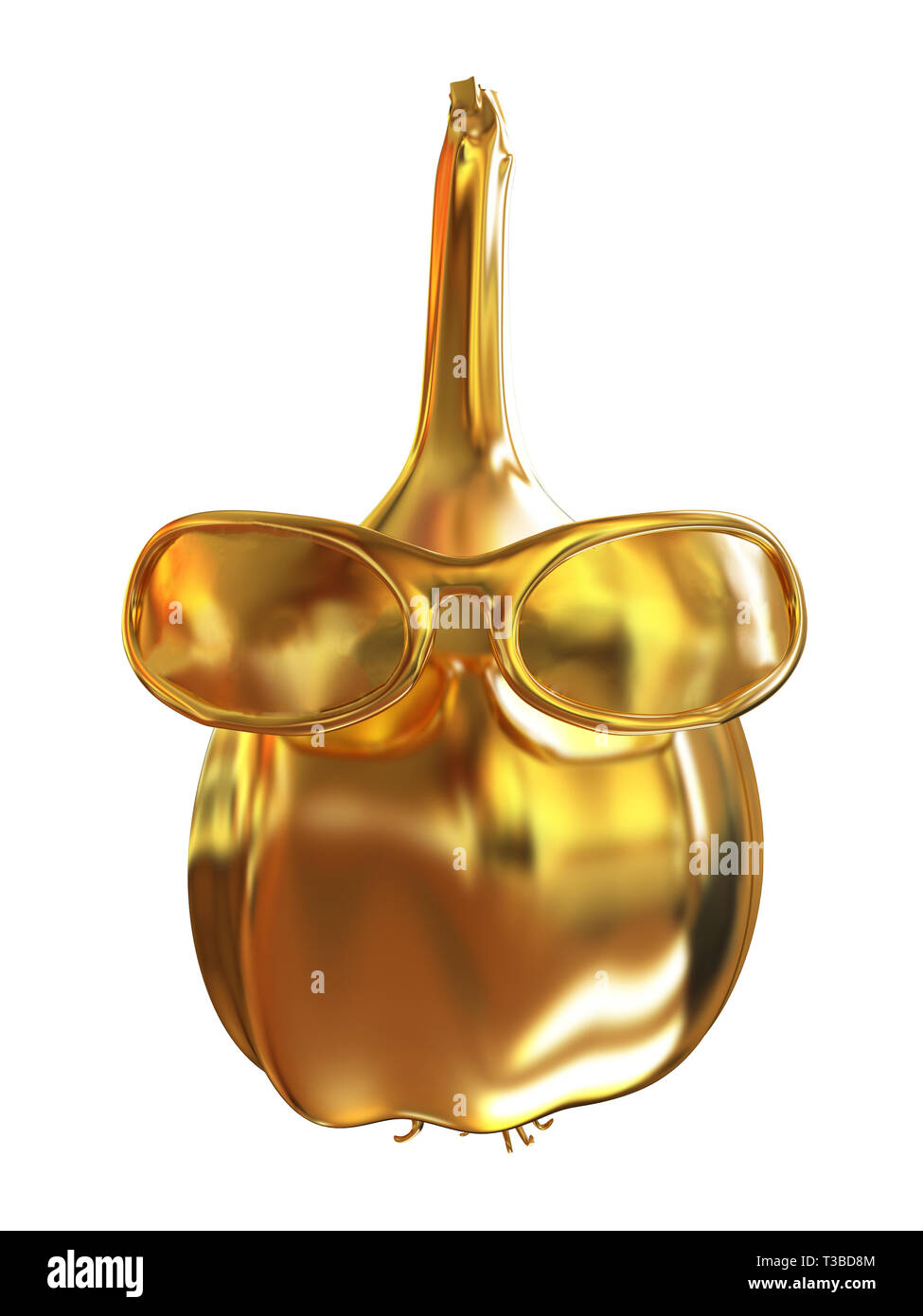 Gold Head of garlic with sun glass front "face" on a white background ...