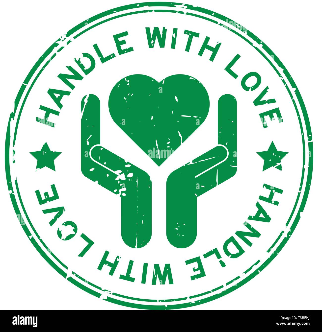 Grunge green handle with love and hand hold the heart icon round rubber ...