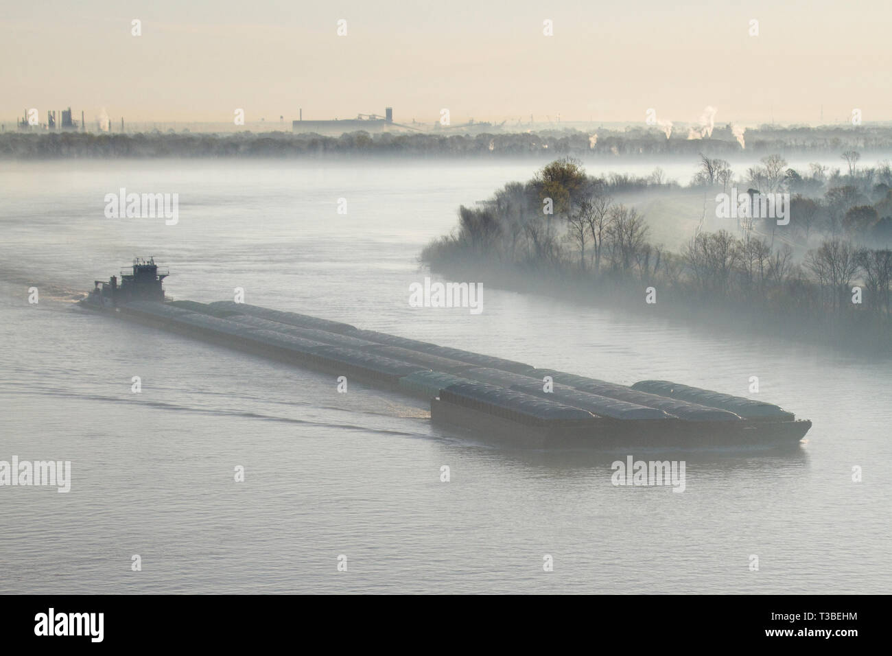 Mist Shrouded River and Tugboat Stock Photo - Alamy