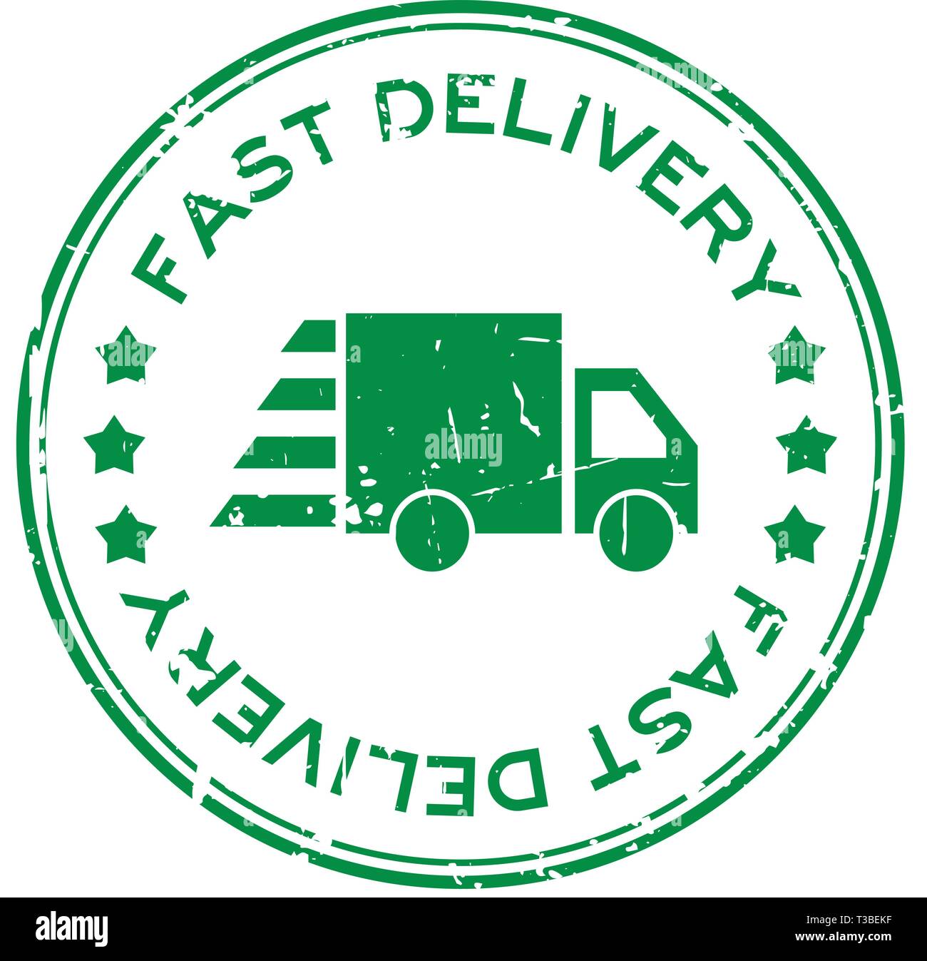 Grunge green fast delivery with truck icon round rubber seal stamp on ...
