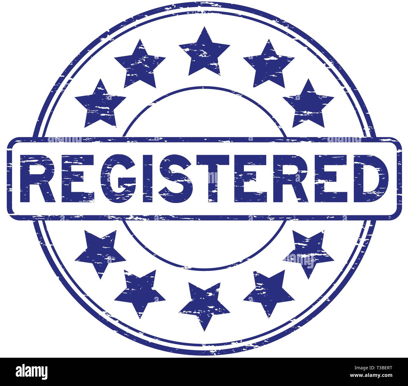 Grunge blue registered with star icon round rubber stamp on white ...