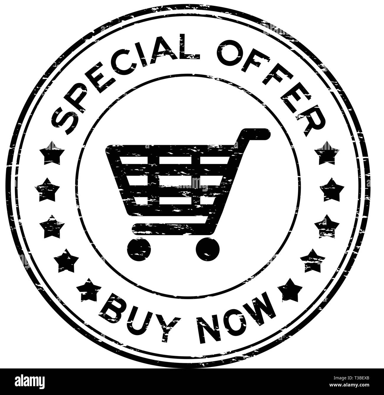 Grunge black special offer buy now with shopping cart icon round rubber ...