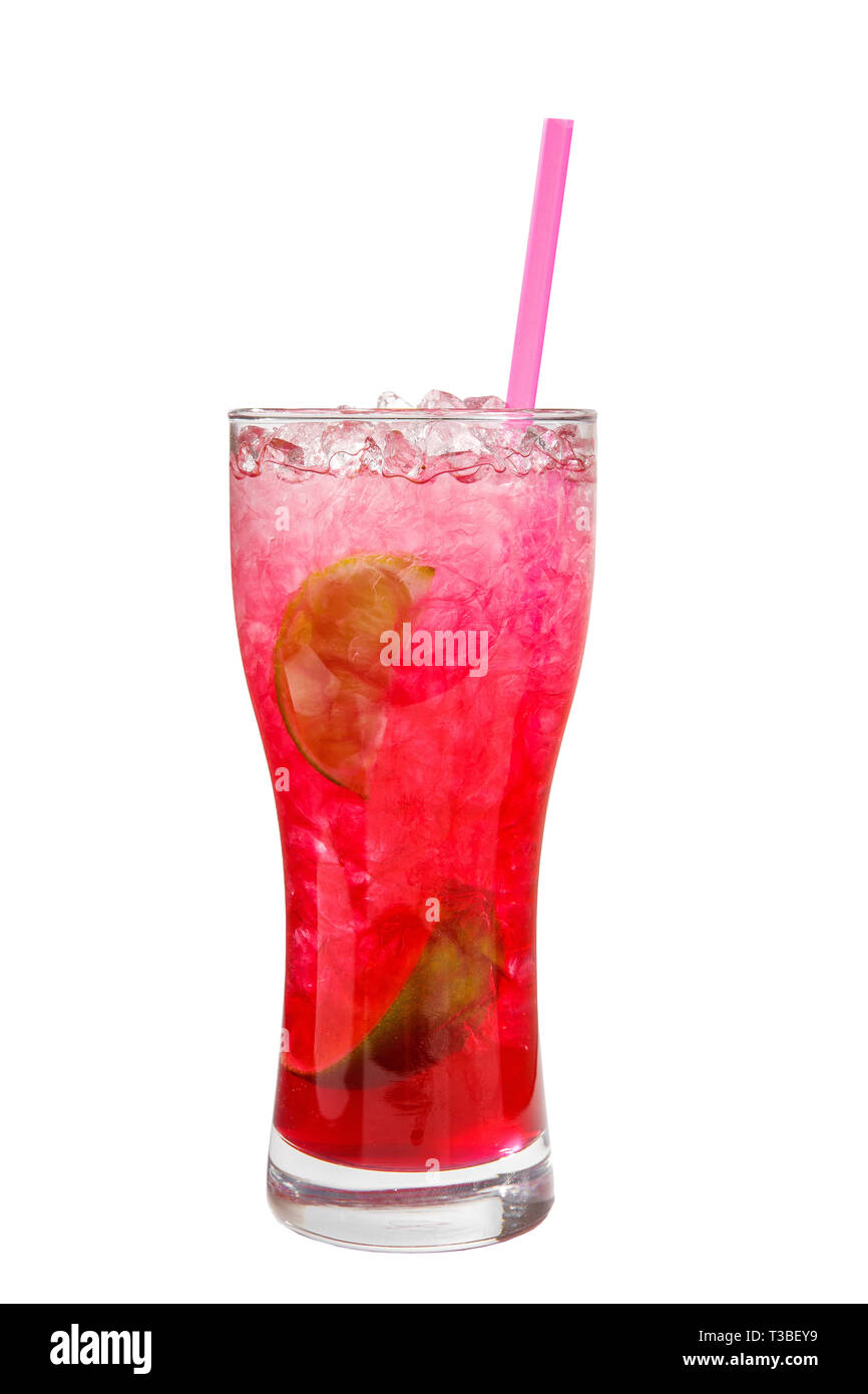 A single-colored, red pink cocktail in a tall glass with fine ice and ...