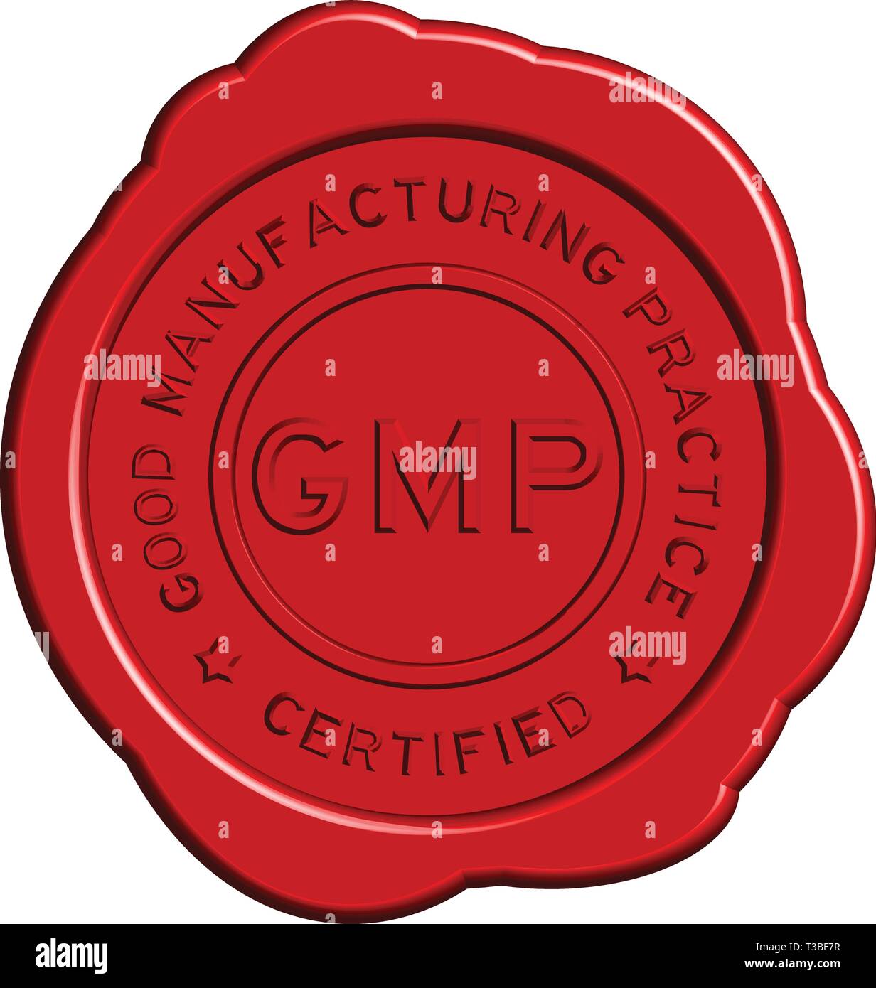 Red GMP (Good manufacturing practice) round wax seal on white ...