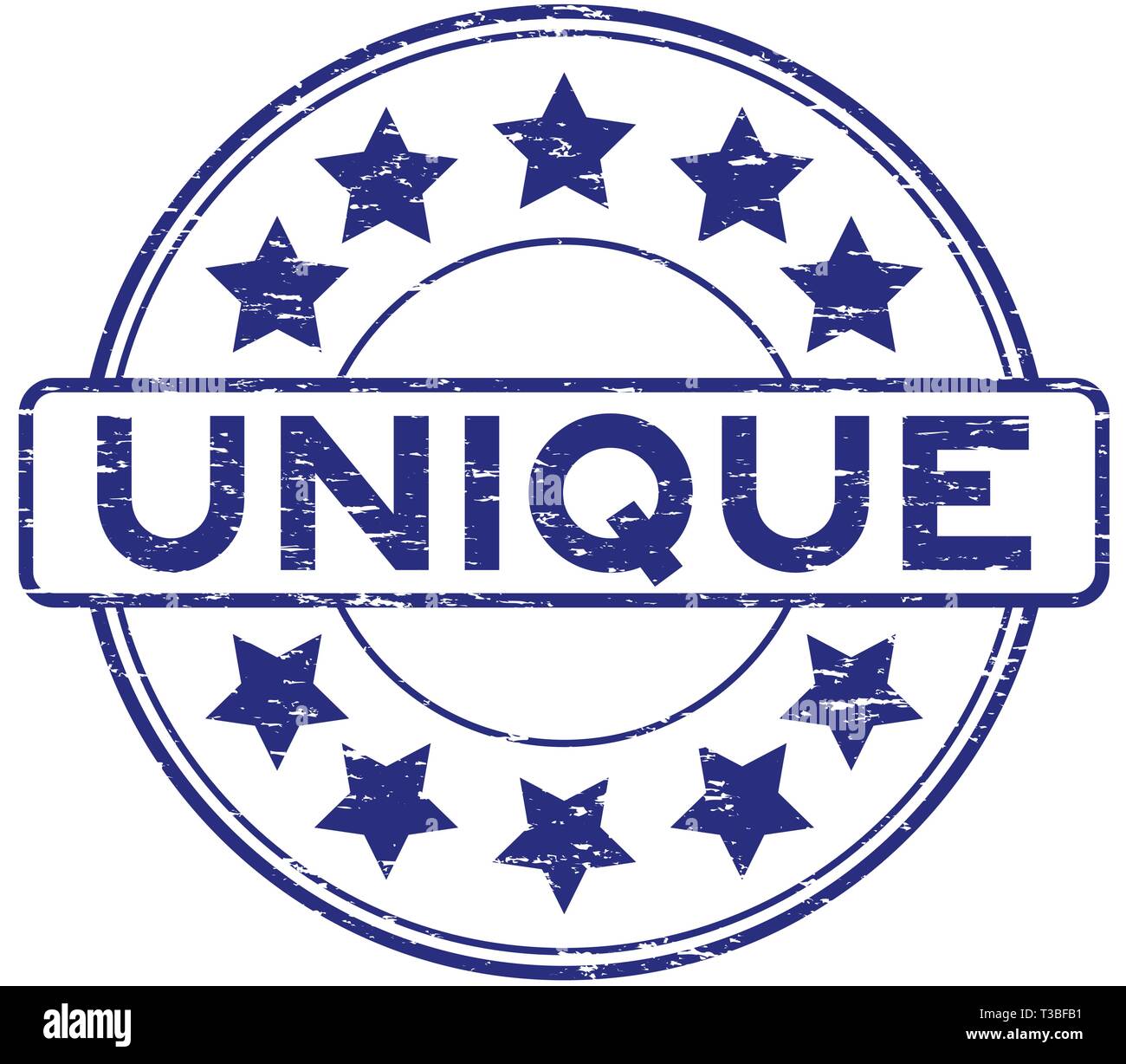 Grunge blue unique with star icon round rubber seal stamp on white ...